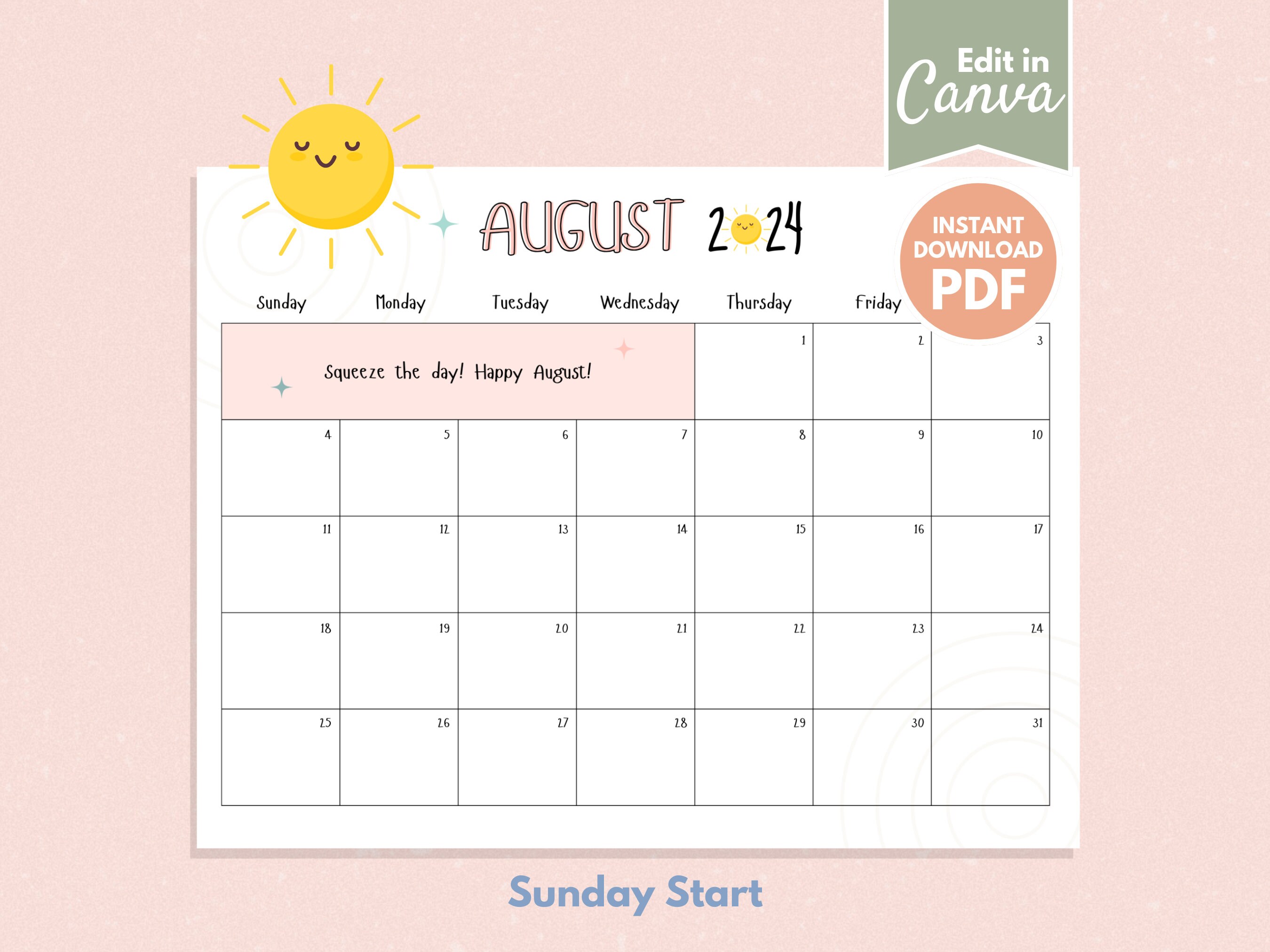 August Calendar 2024, Editable and Printable Summer Calendar for Kids ...