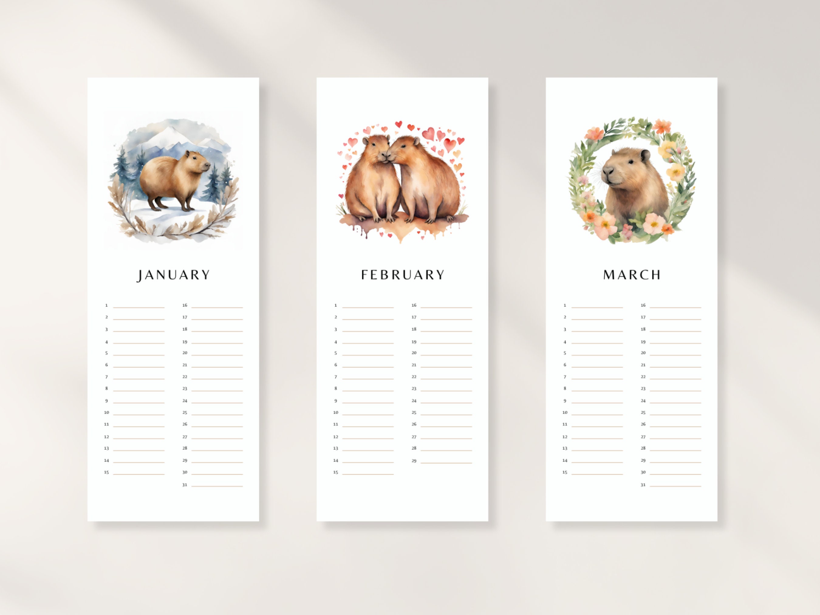 Printable Perpetual Calendar With Capybara Print, Birthday Calendar for ...