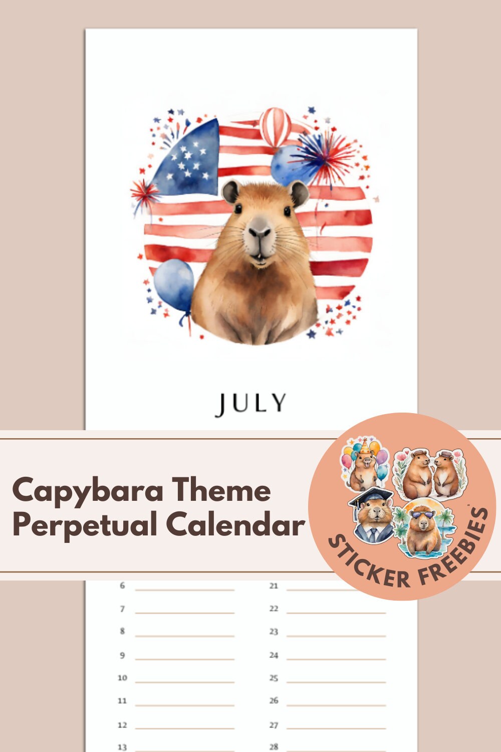 Printable Perpetual Calendar With Capybara Print, Birthday Calendar for ...