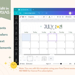 JULY Calendar 2024, Editable and Printable Summer Calendar for Kids ...