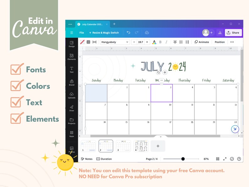 JULY Calendar 2024, Editable and Printable Summer Calendar for Kids ...