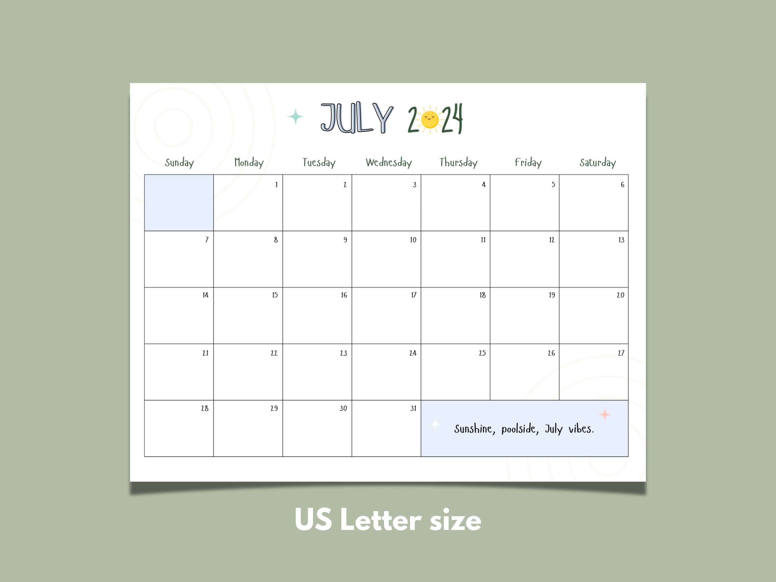 JULY Calendar 2024, Editable and Printable Summer Calendar for Kids ...