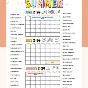 Summer Bucket List for Kids, Editable and Printable Summer Calendar ...