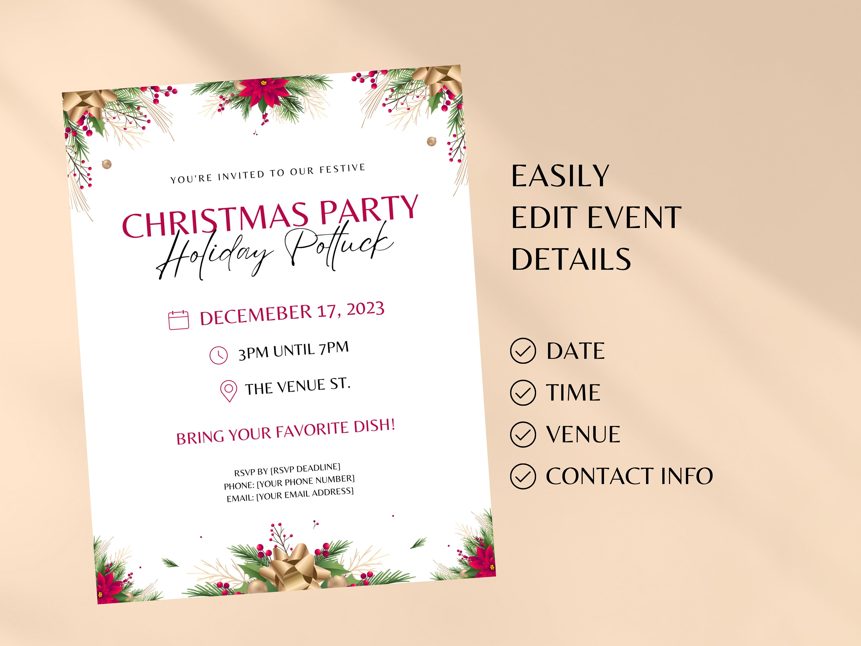 Potluck Invitation Template, Editable and Printable Potluck Invitation ...