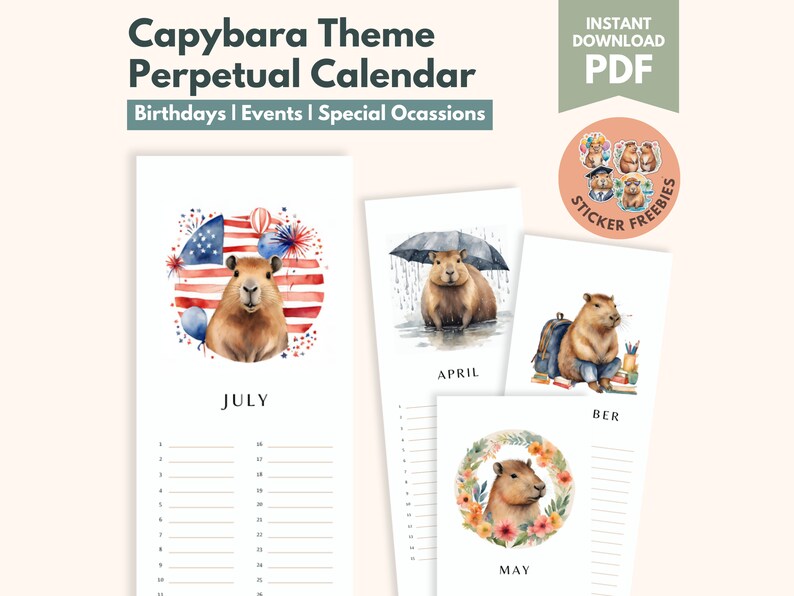 Printable Perpetual Calendar With Capybara Print, Birthday Calendar for ...