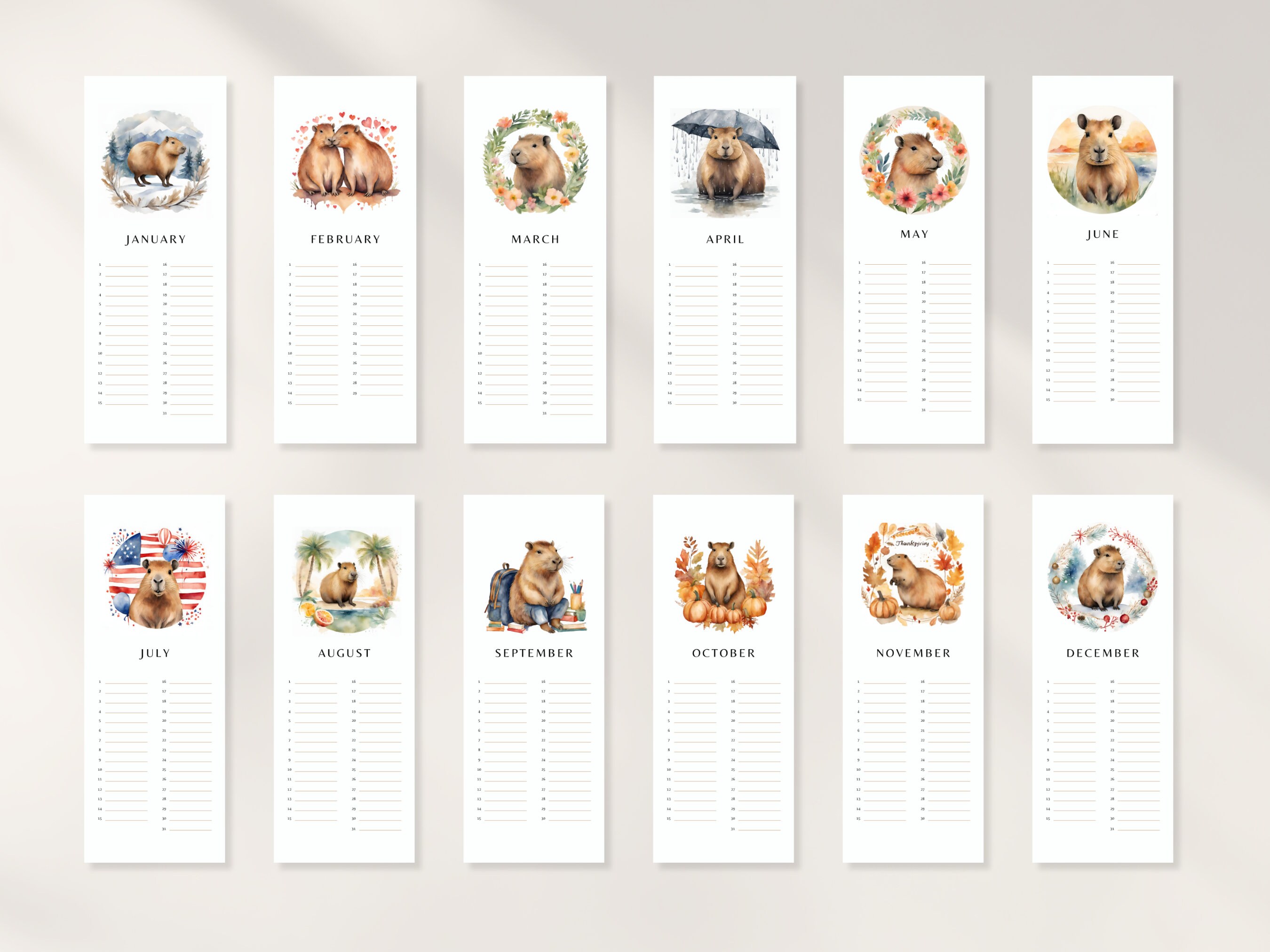 Printable Perpetual Calendar With Capybara Print, Birthday Calendar for ...