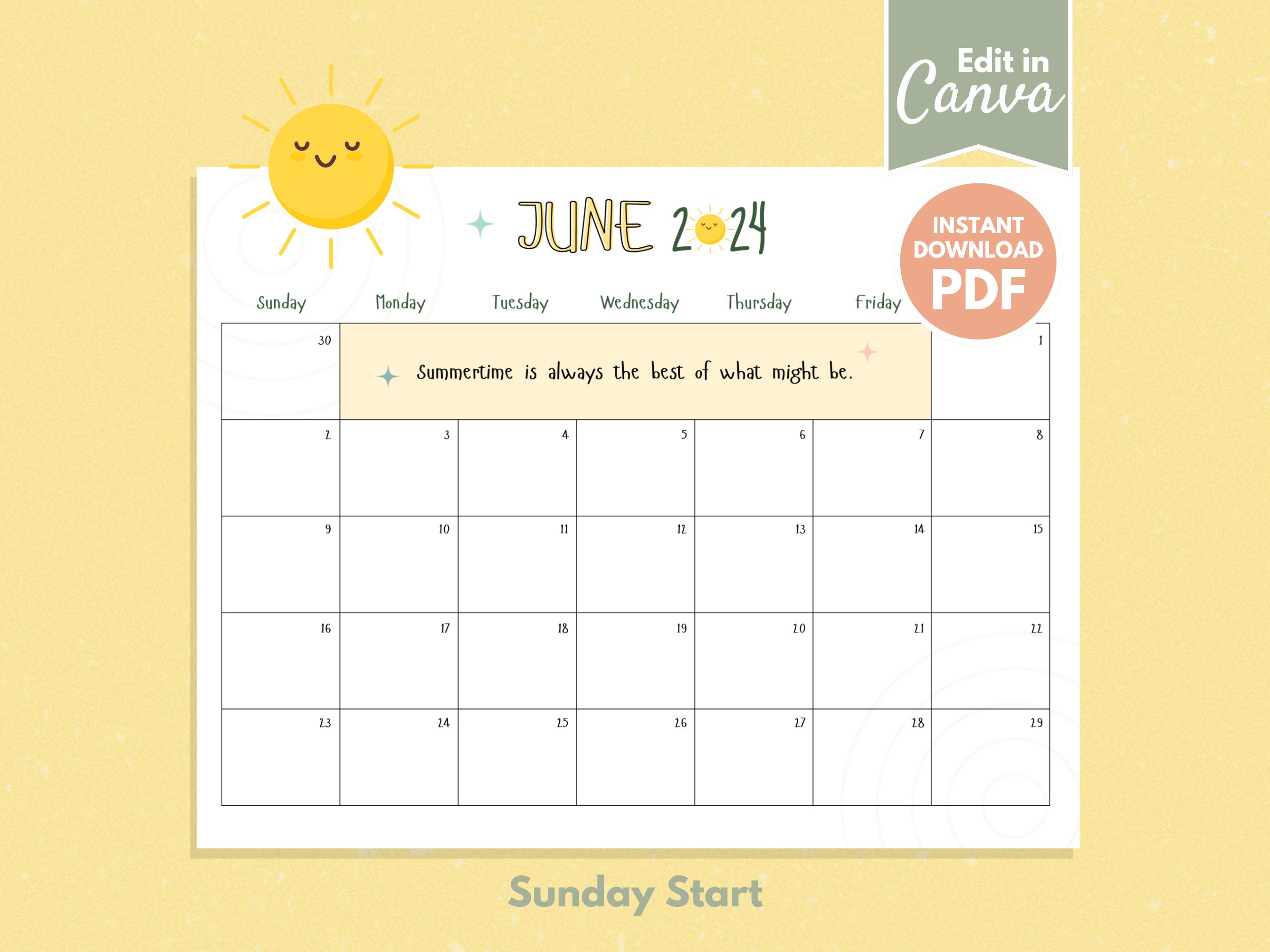 JUNE Calendar 2024, Editable and Printable Summer Calendar for Kids ...