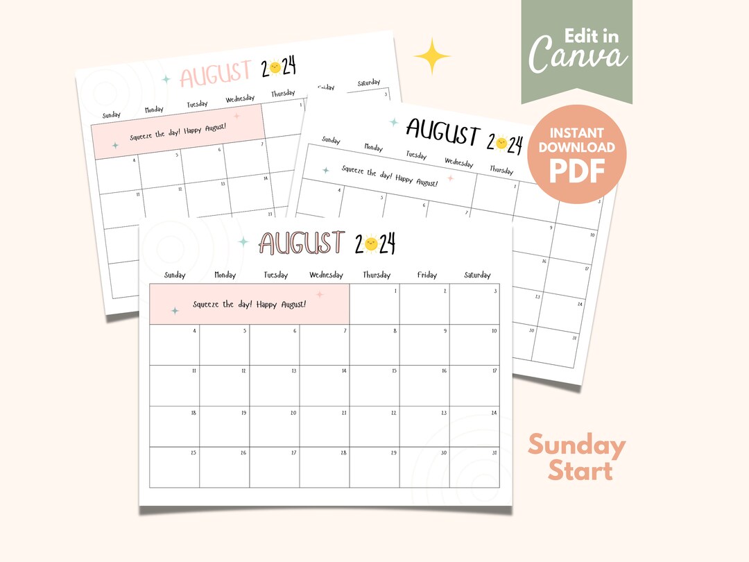 Editable August Calendar 2024, Printable Summer Calendar for Kids ...