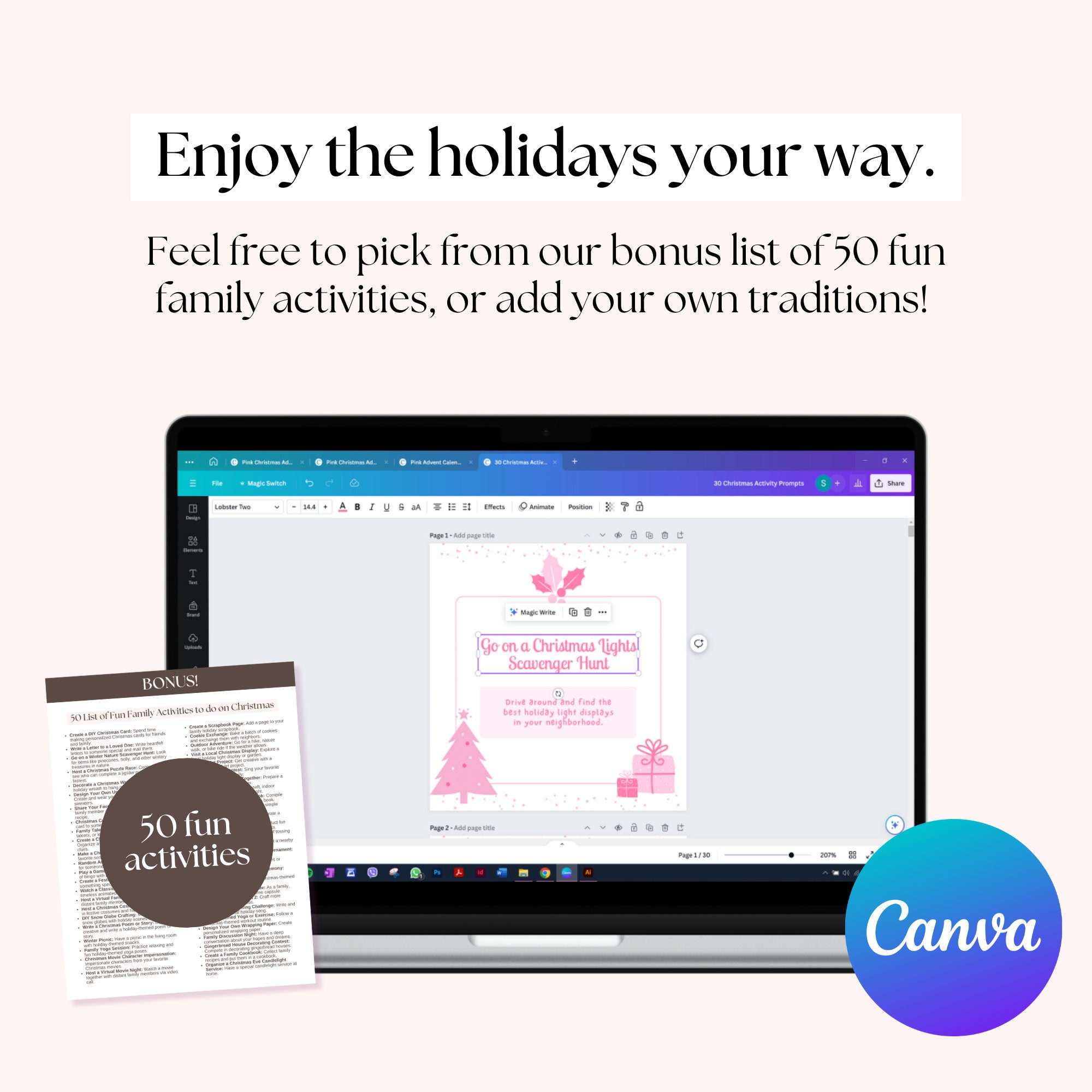 Pink Advent Calendar Printable Christmas Countdown Pink Christmas DIY ...