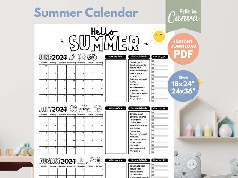 Summer Calendar Poster 2024, Large Wall Calendar With Vision-box Bucket ...