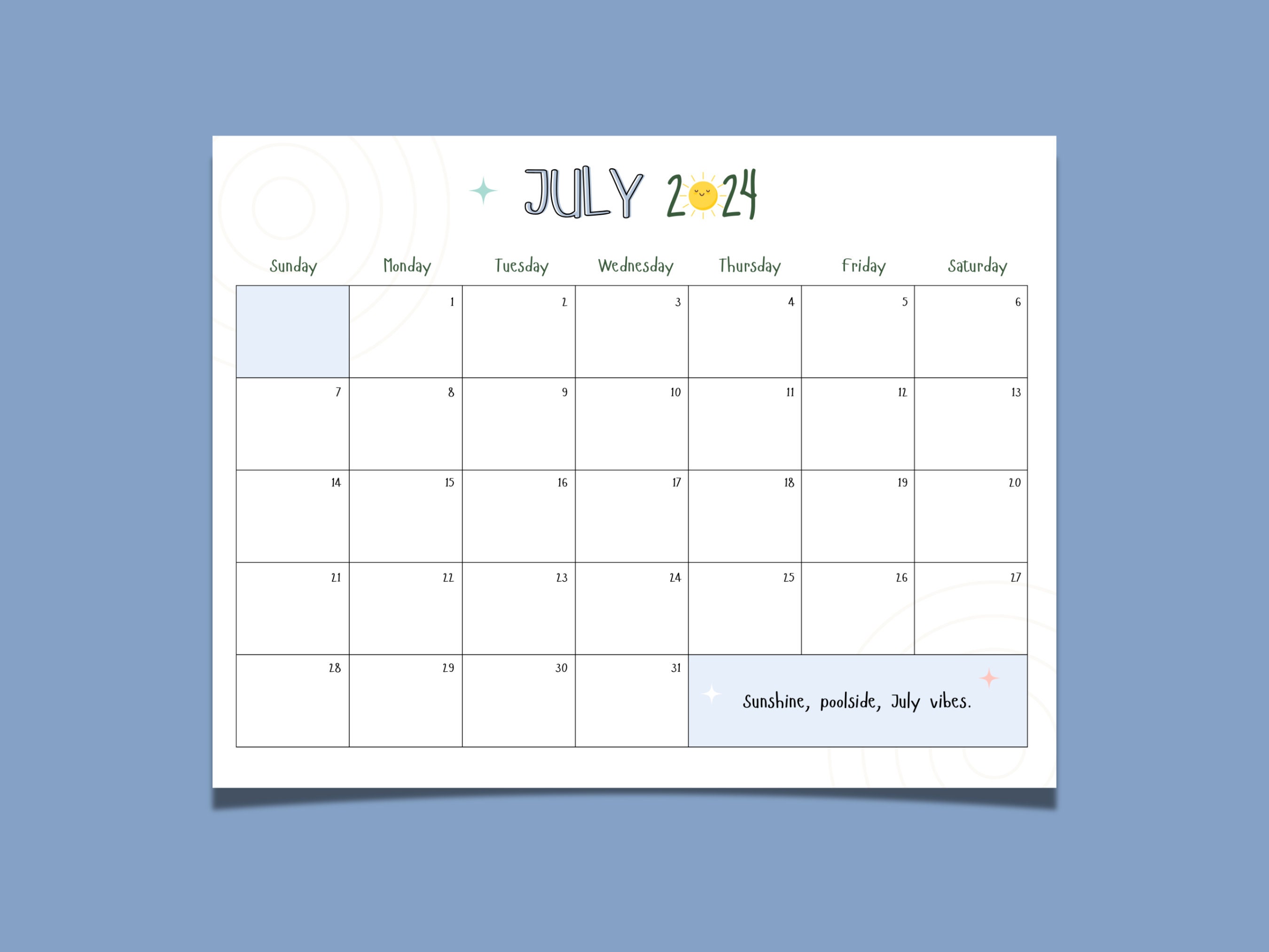 JULY Calendar 2024, Editable and Printable Summer Calendar for Kids ...
