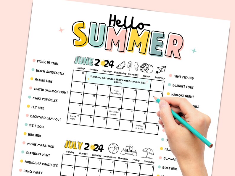 Summer Bucket List for Kids, Editable and Printable Summer Calendar ...