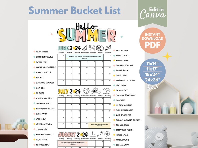 Summer Bucket List for Kids, Editable and Printable Summer Calendar ...