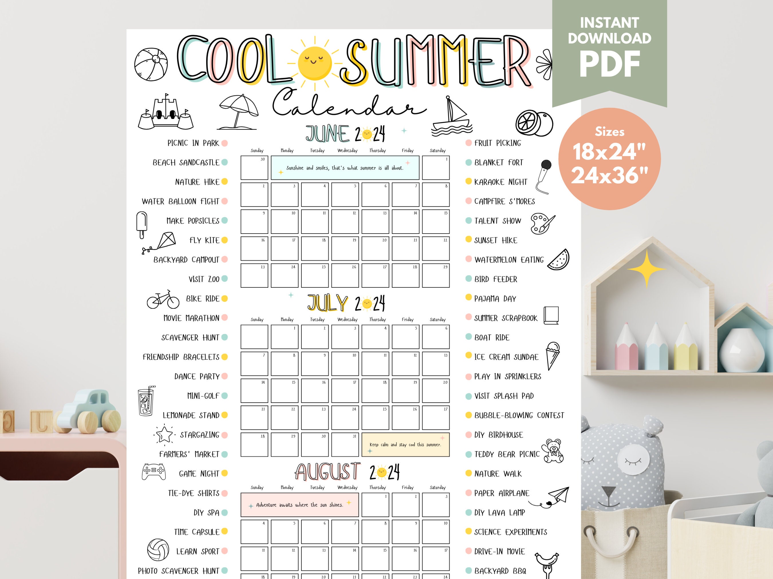 Printable Summer Calendar Poster 2024, Large Wall Calendar With Summer ...