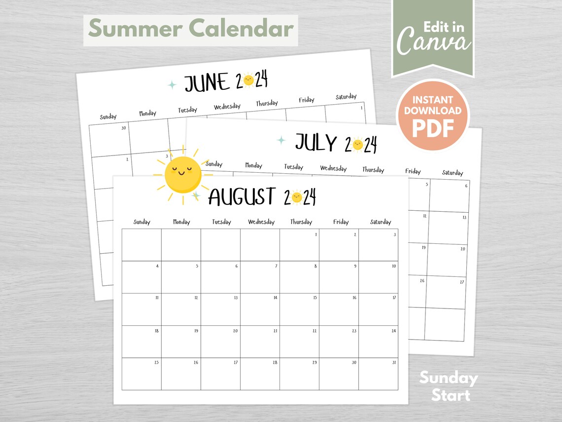 Editable SUMMER Calendar 2024, June, July, August, Printable Summer Fun ...