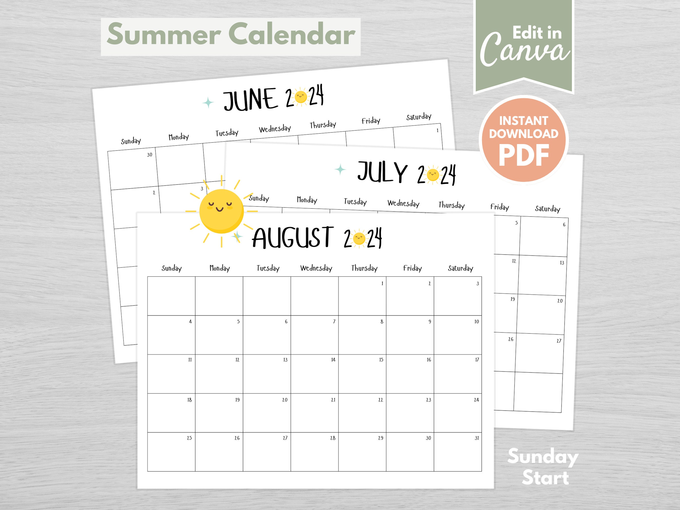 Editable SUMMER Calendar 2024, June, July, August, Printable Summer Fun ...
