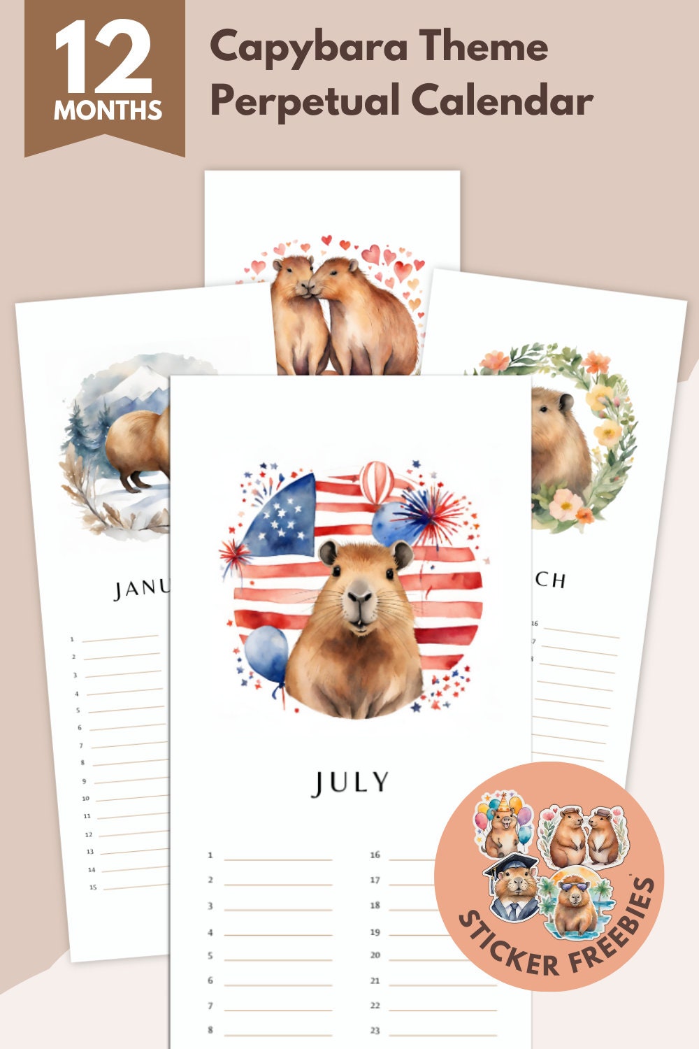 Printable Perpetual Calendar With Capybara Print, Birthday Calendar for ...