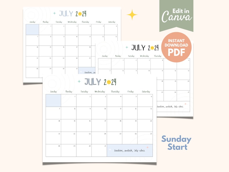 Editable July Calendar 2024, Printable Summer Calendar for Kids, Summer ...