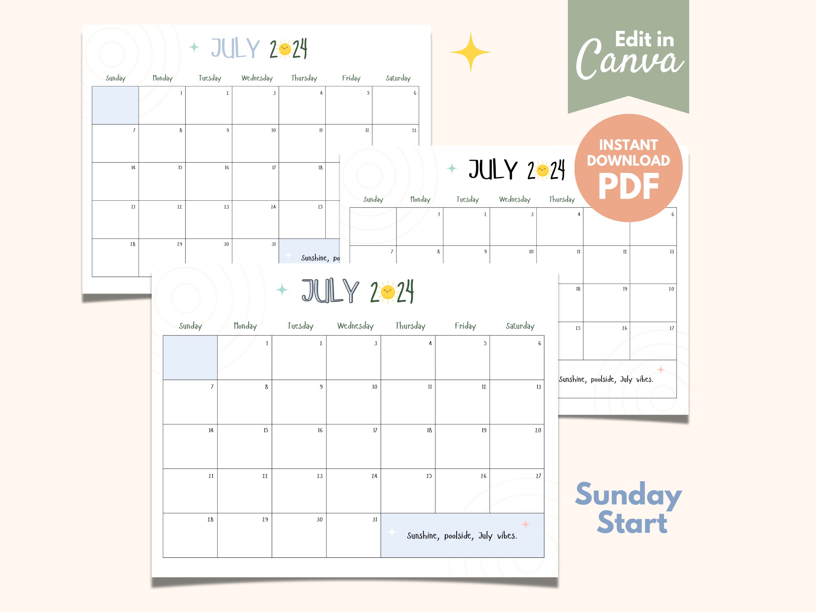 Editable July Calendar 2024, Printable Summer Calendar for Kids, Summer ...