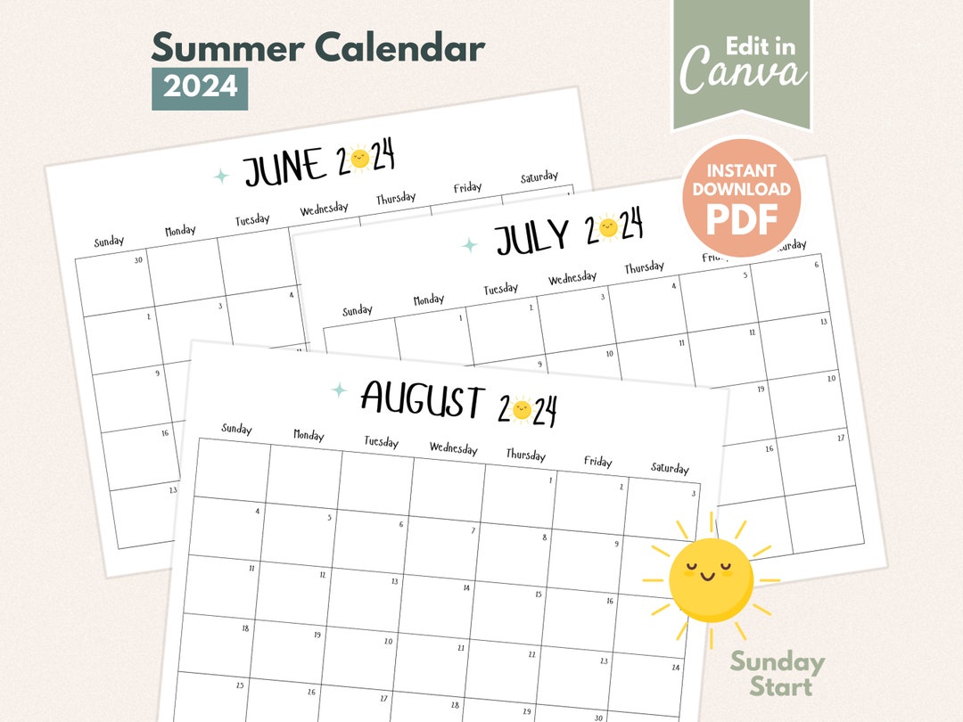 SUMMER Calendar 2024 Template, June, July, August, Editable and ...
