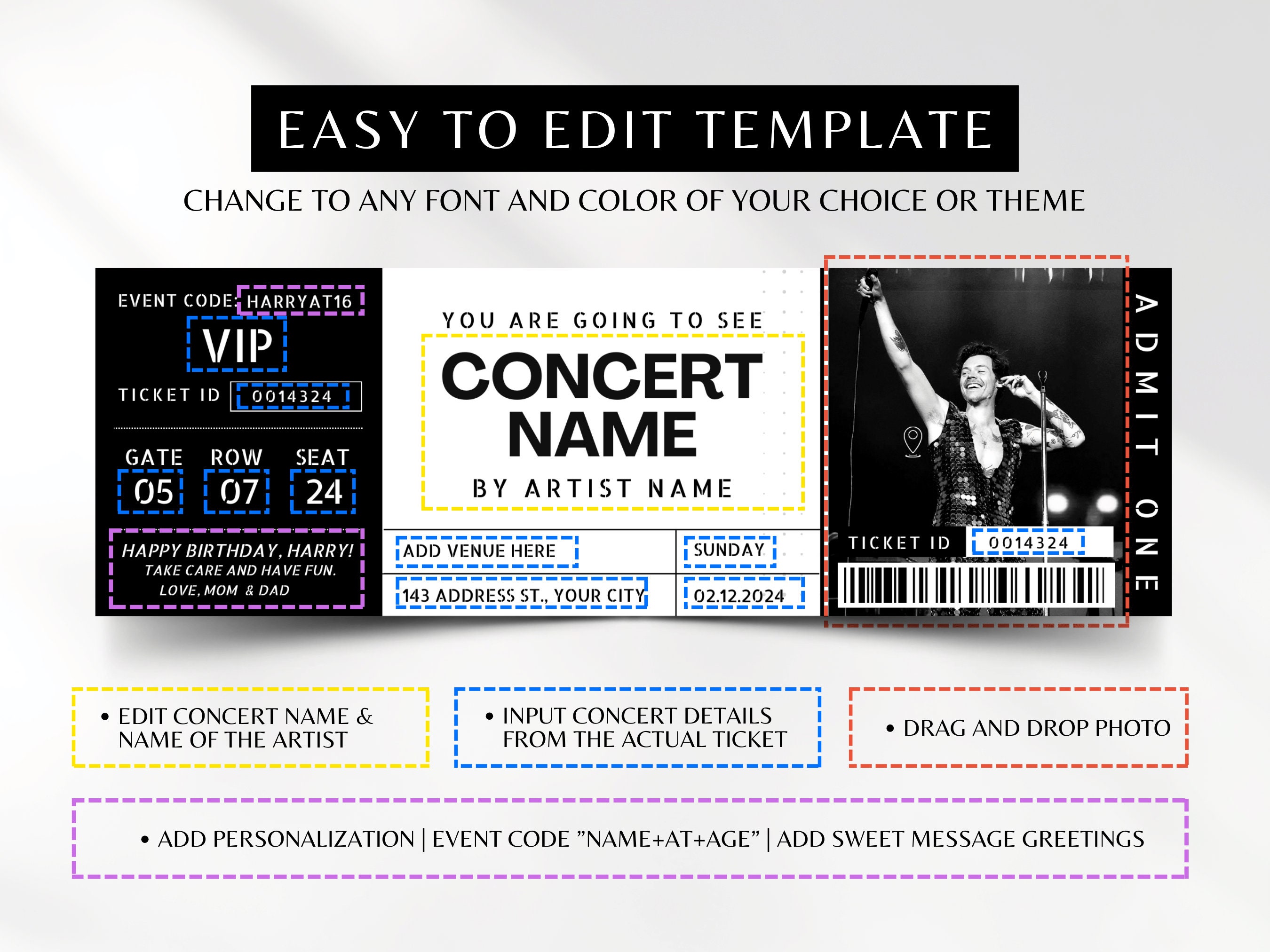 Editable Concert Ticket Canva Template, Custom Concert Ticket, Concert ...
