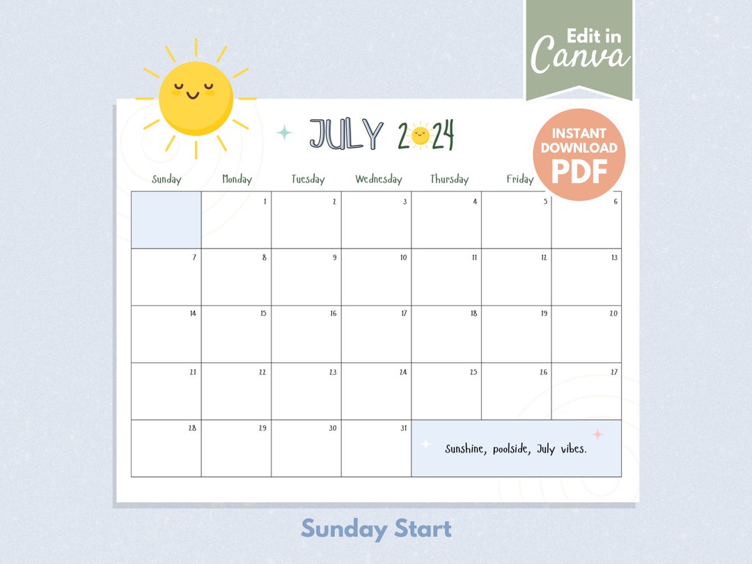 JULY Calendar 2024, Editable and Printable Summer Calendar for Kids ...