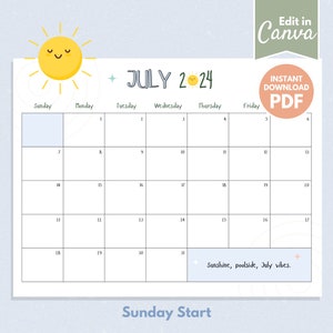 JULY Calendar 2024, Editable and Printable Summer Calendar for Kids ...