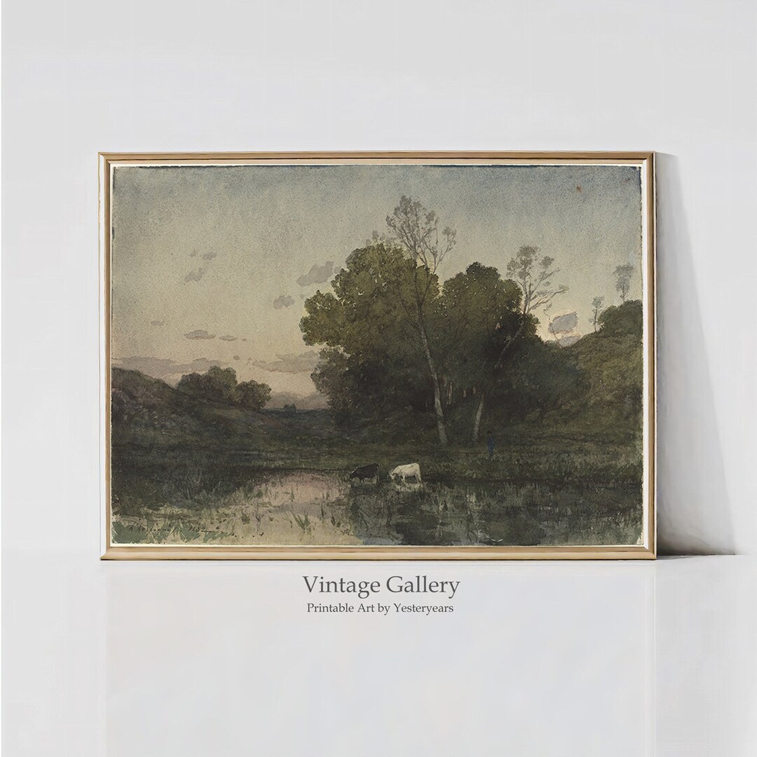 Printable Art, Cows in River Vintage Painting Instant Download Digital ...