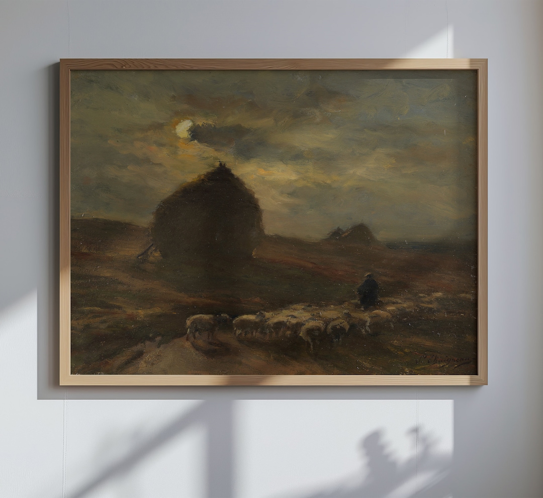 Flock of Sheep and Shepherd , Vintage Art Print, Canvas Print Wall Art ...