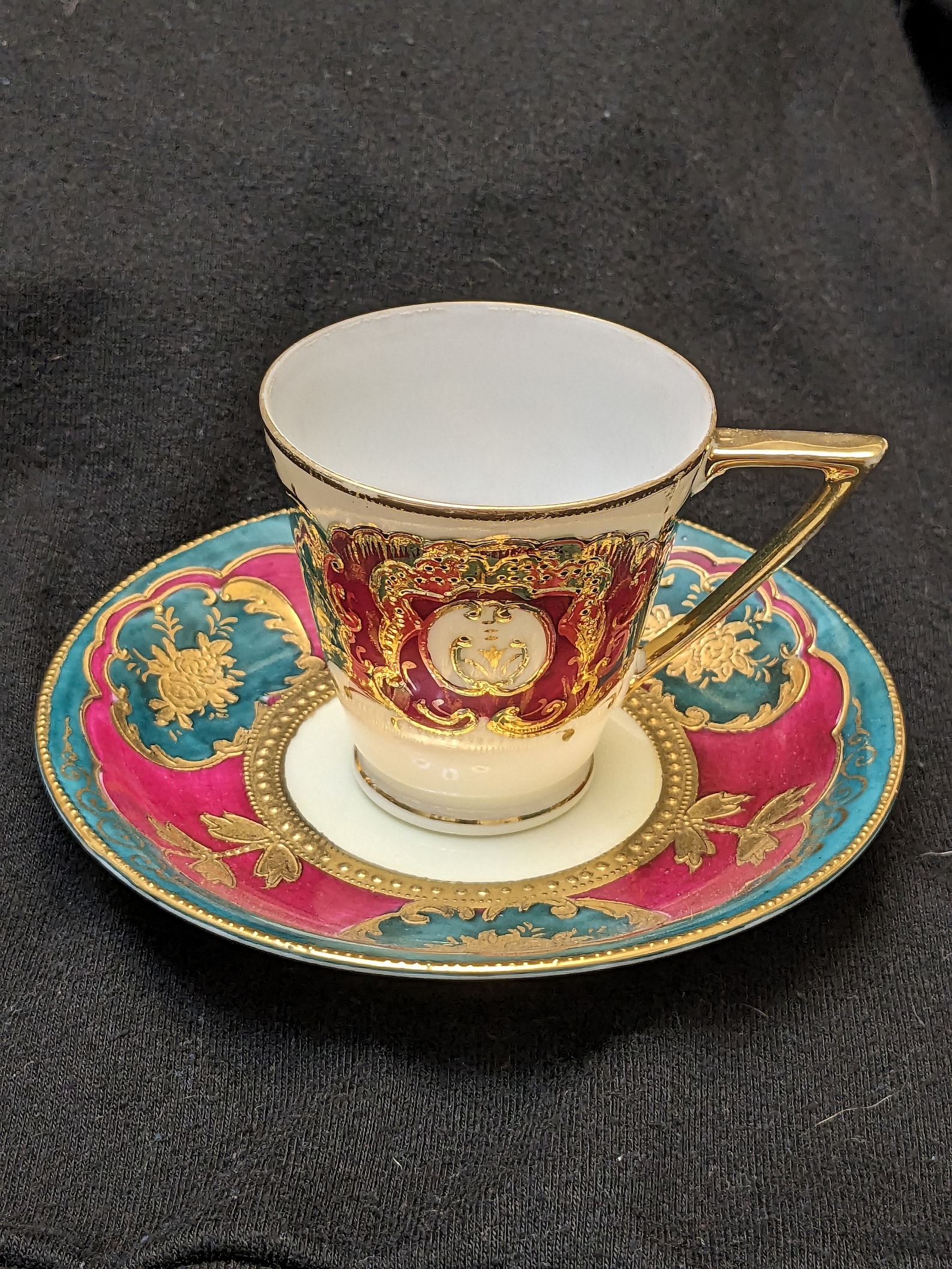 Vintage Demitasse Cup & Saucer Red , Teal, Gold - Etsy