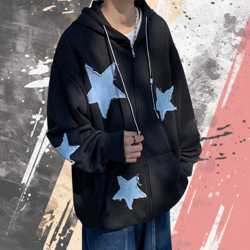Star Zip up Hoodie, Star Embroided Hoodie, Zip up Hoodie Y2K, Oversized ...