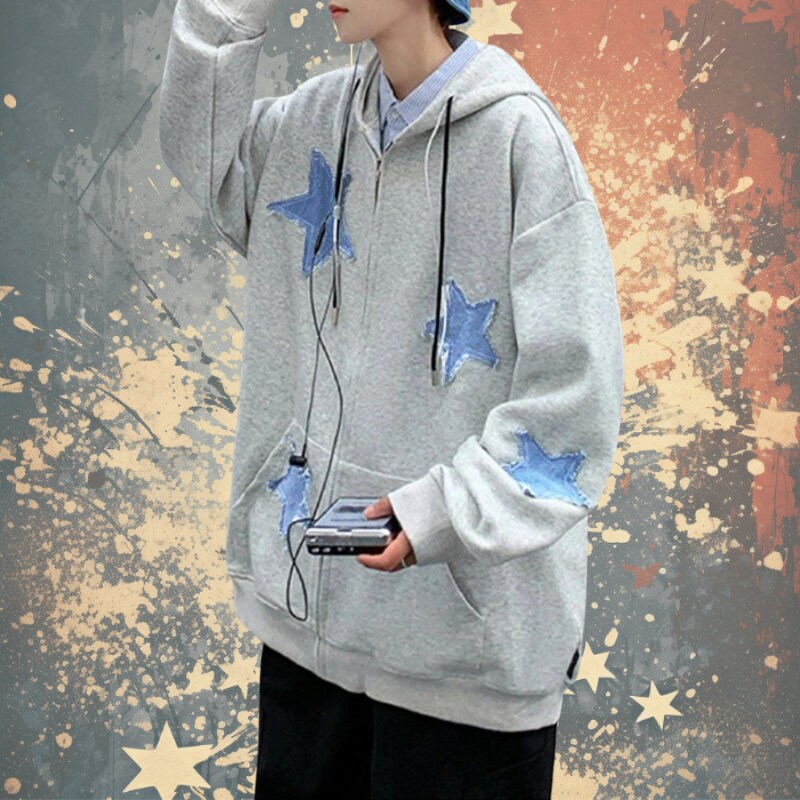 Star Zip up Hoodie, Star Embroided Hoodie, Zip up Hoodie Y2K, Oversized ...