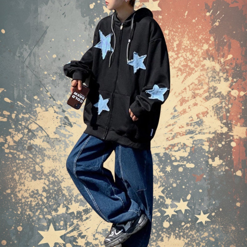 Star Zip up Hoodie, Star Embroided Hoodie, Zip up Hoodie Y2K, Oversized ...