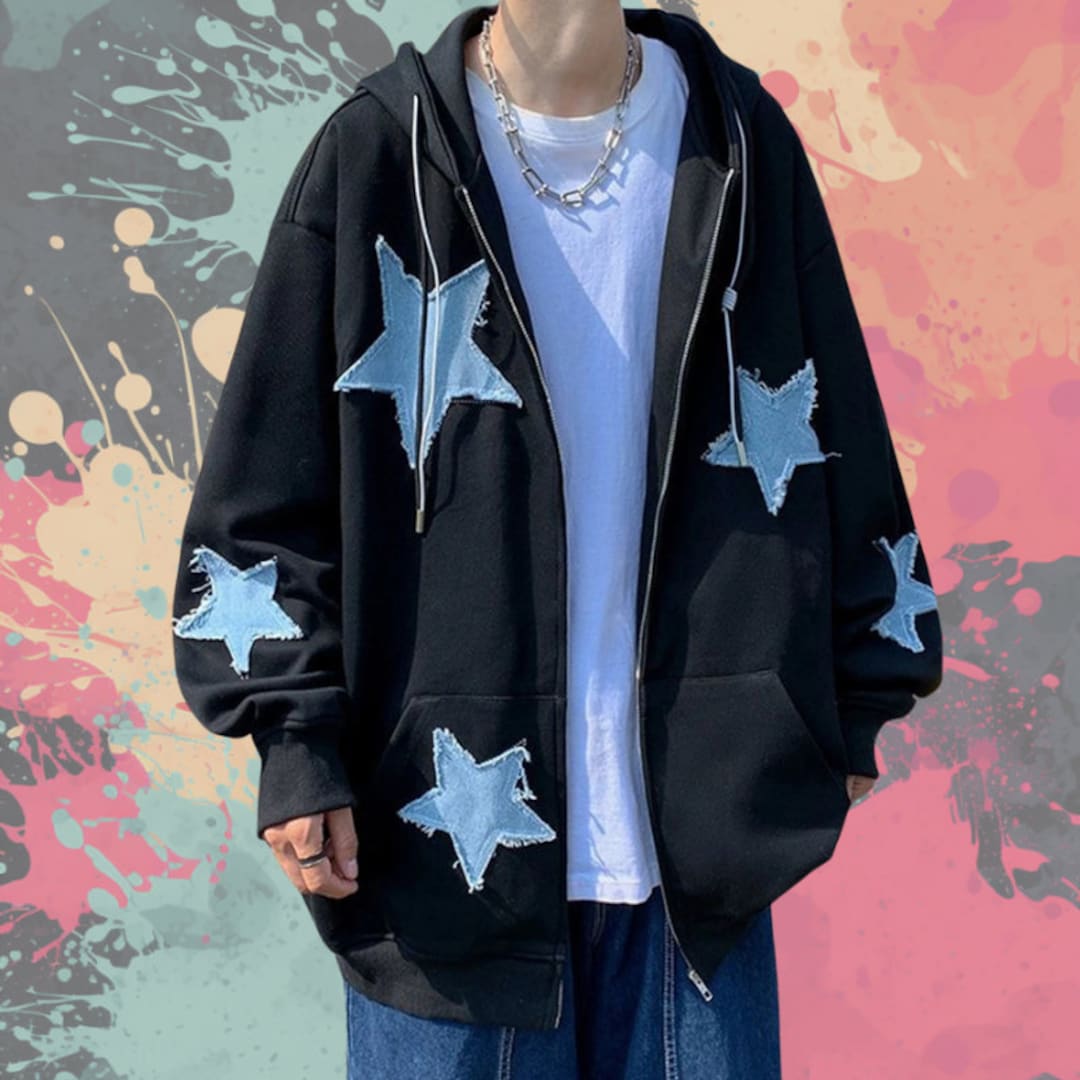 Star Zip up Hoodie, Star Embroided Hoodie, Zip up Hoodie Y2K, Oversized ...