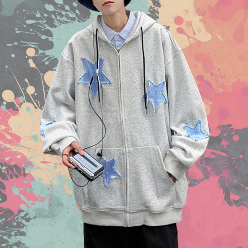 Star Zip up Hoodie, Star Embroided Hoodie, Zip up Hoodie Y2K, Oversized ...