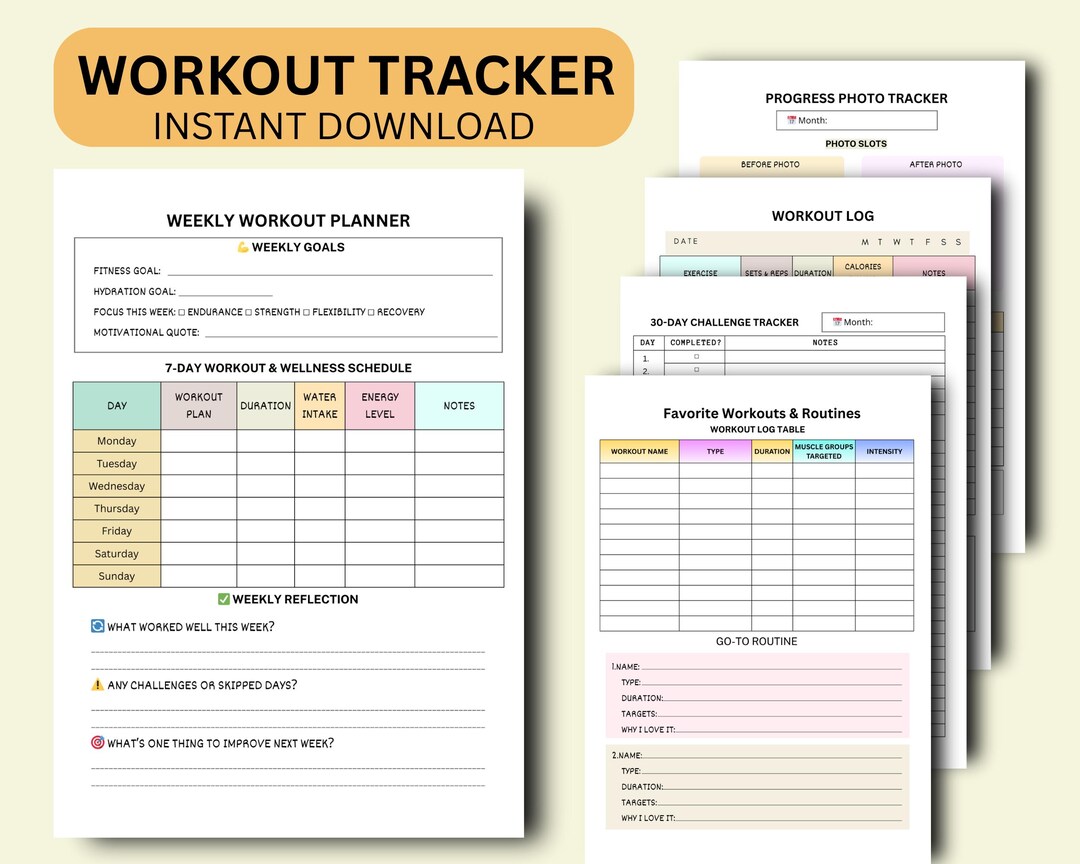 Weekly Workout Planner Printable, 30-day Challenge, Workout Log (US ...