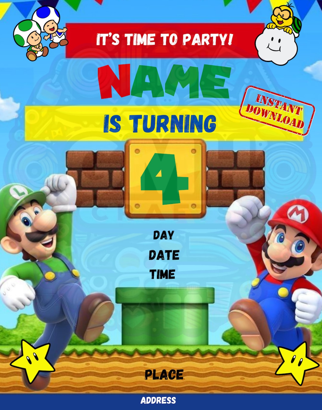 Customizable Mario Bros Invitation, Kids Birthday Invite, Super Mario ...