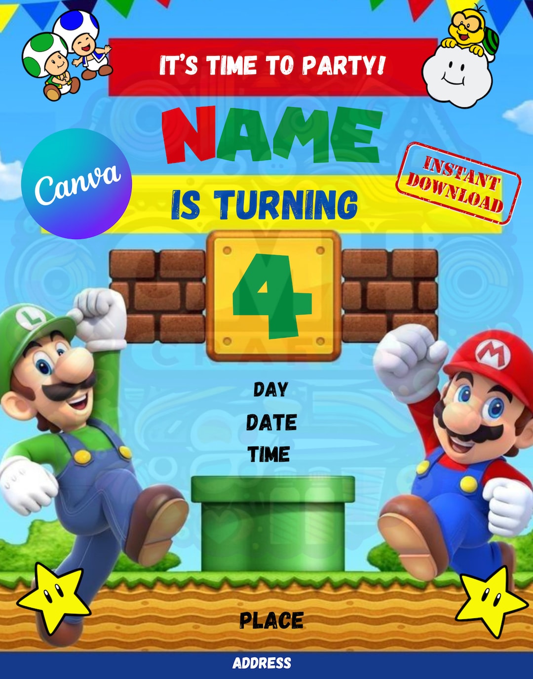 Customizable Mario Bros Invitation, Kids Birthday Invite, Super Mario ...