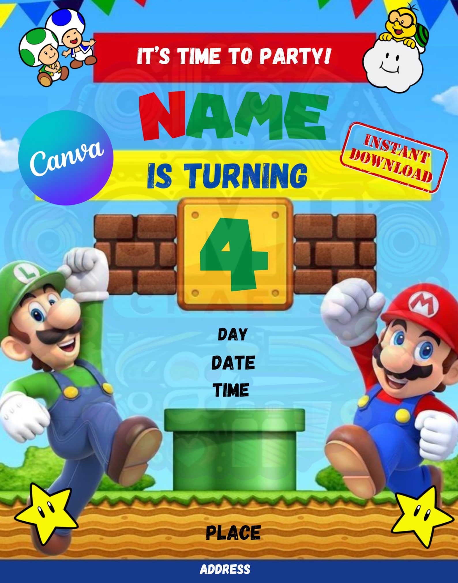 Invitación personalizable de Mario Bros, invitación de cumpleaños para ...