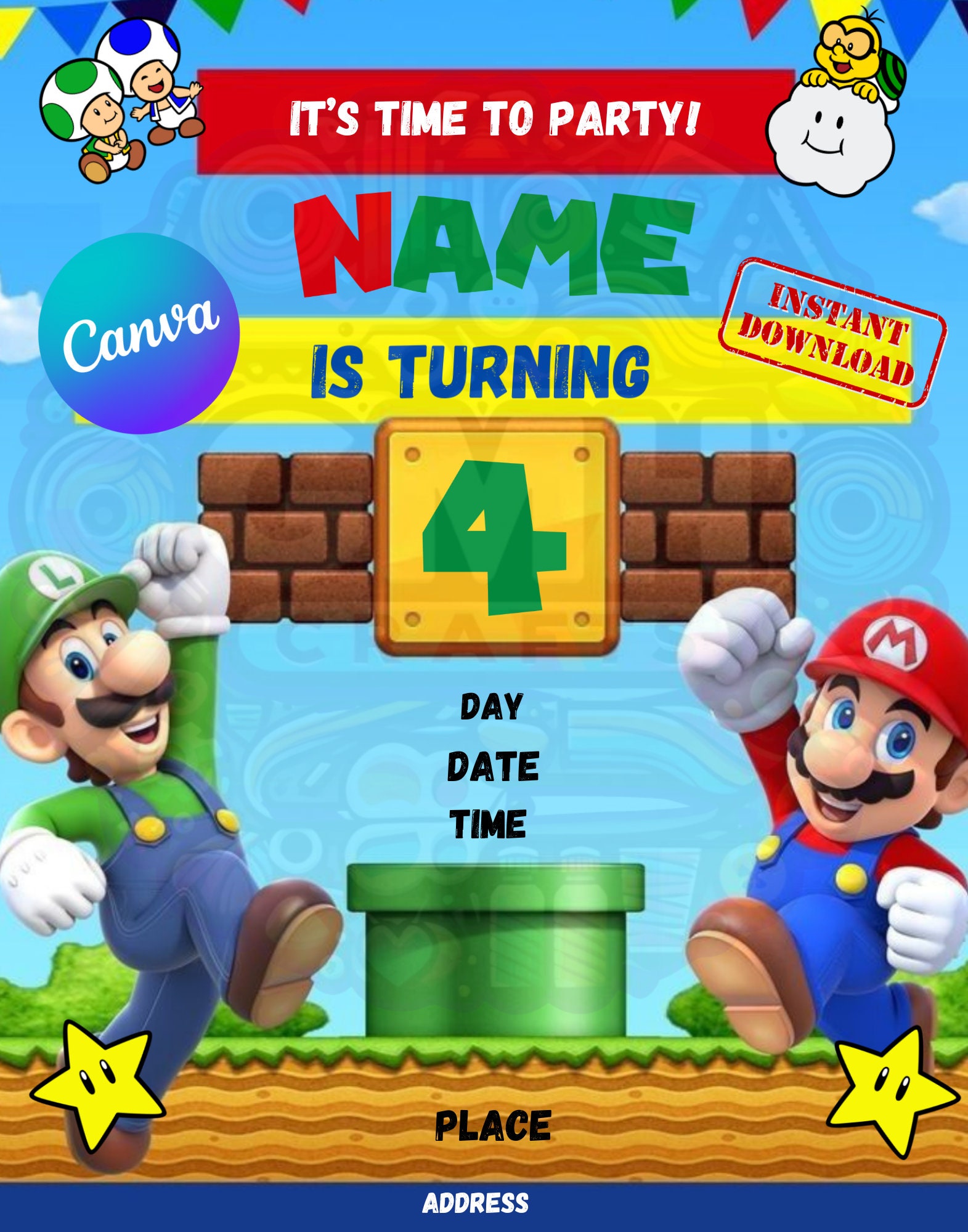 Customizable Mario Bros Invitation, Kids Birthday Invite, Super Mario ...