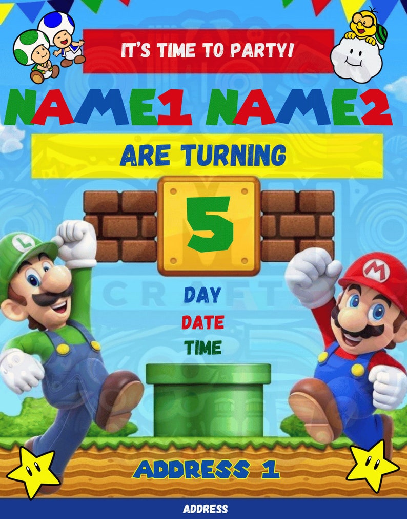 Customizable Mario Birthday Invitation, Kids Party (digital Download ...
