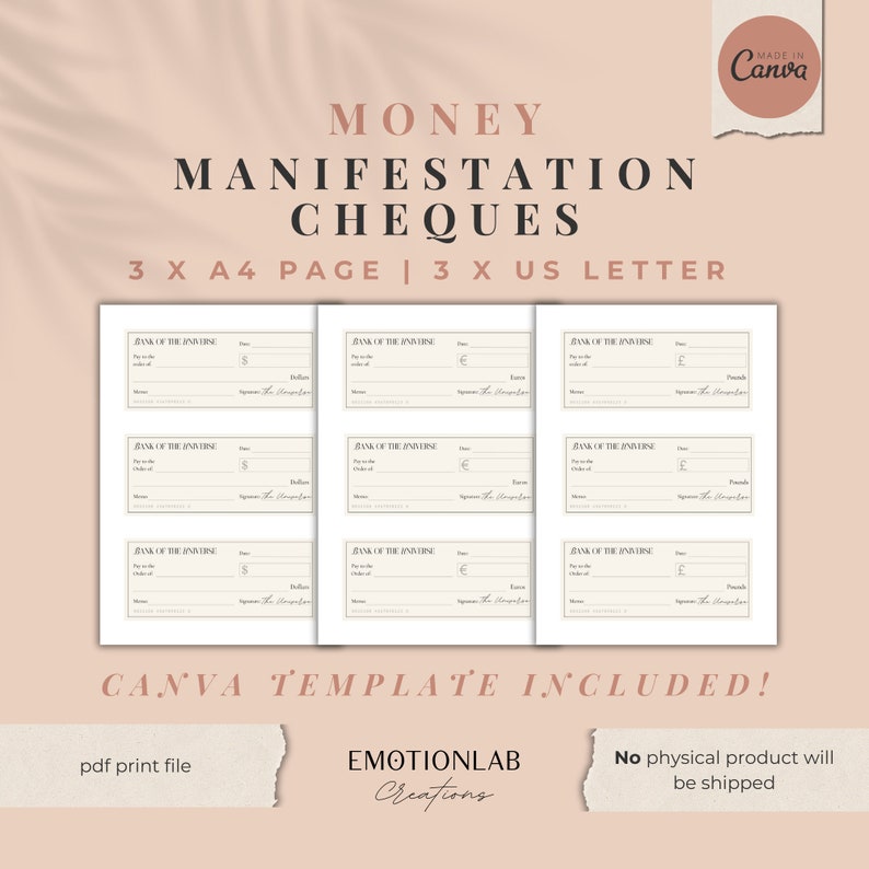 Editable Money Manifestation Cheque, Financial Abundance Check, Law of ...