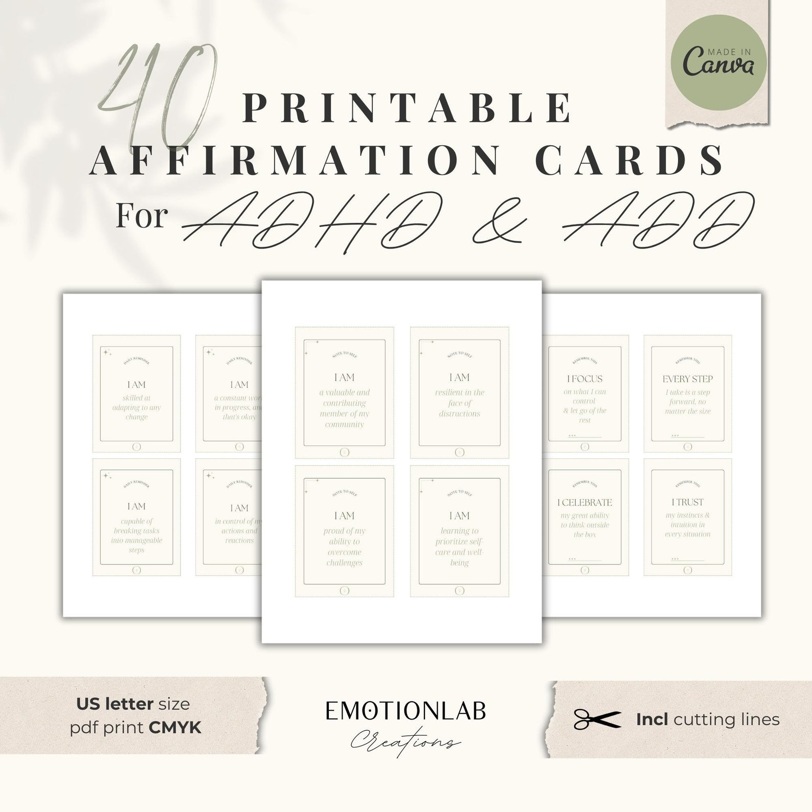 ADHD Digital Printable Positive Affirmation Cards, ADD Mental Health ...