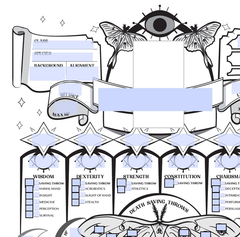 COLOR Digitally Editable Dnd Lunar Moth Character Sheets With Color ...