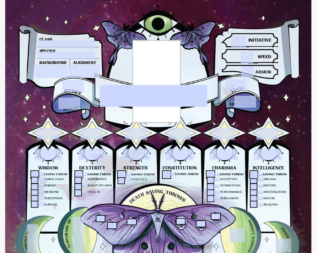 COLOR Digitally Editable Dnd Lunar Moth Character Sheets With Color ...