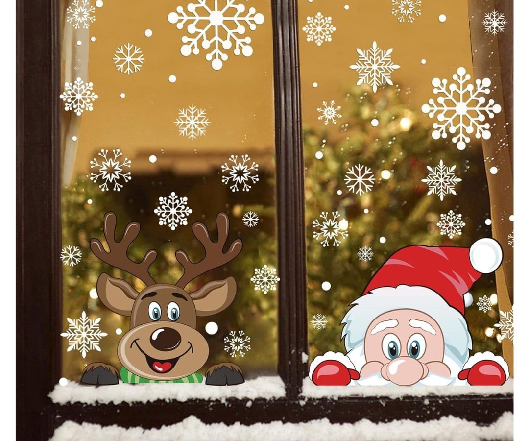 Christmas Window Stickers, 6 Sheet Peeping Santa & Rudolph Snowflakes ...