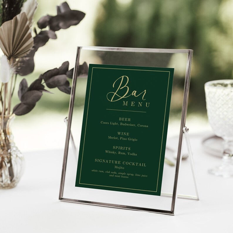 Emerald Green Wedding Bar Menu Template: Elegant DIY (digital Download ...