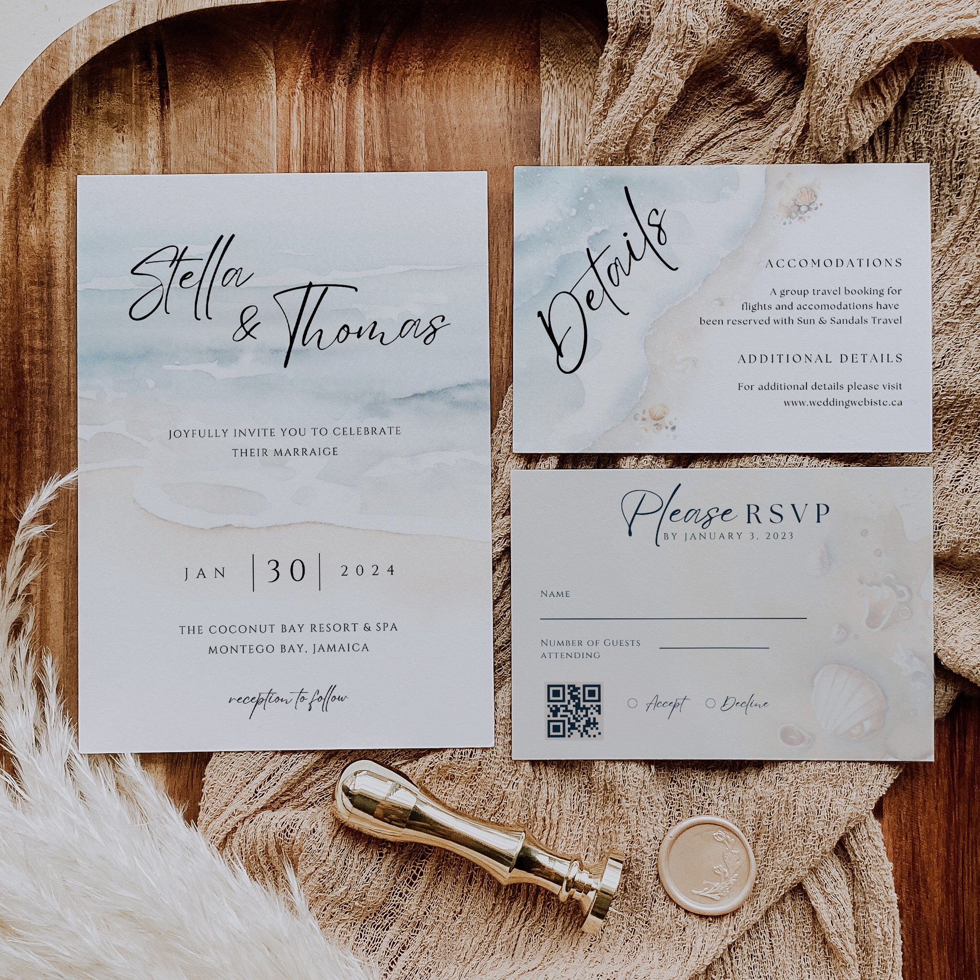 Minimalist Beach Themed Wedding Invitation Template Bundle INSTANT DOWNLOAD Simple Printable DIY ...