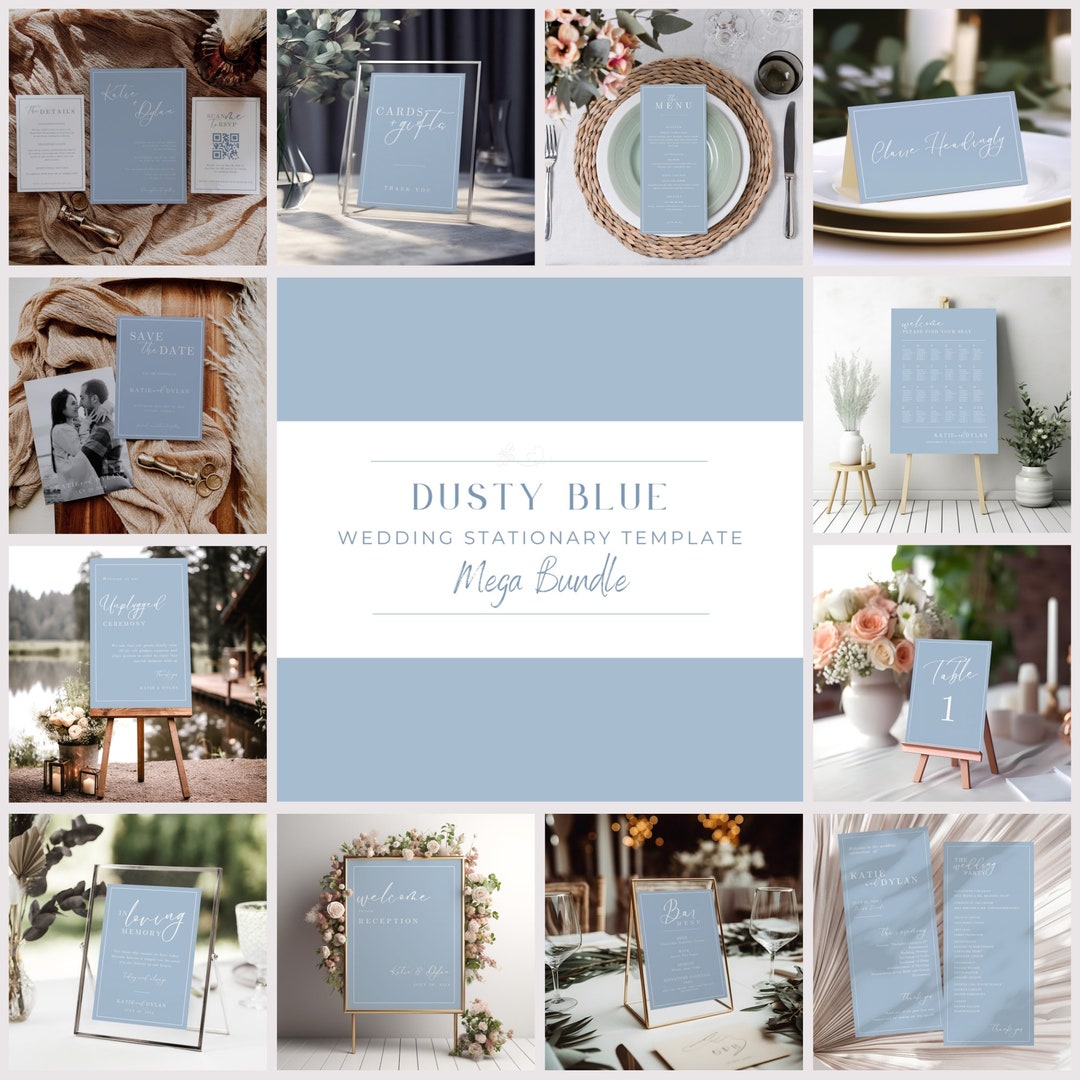 Dusty Blue Wedding Stationery Template Bundle: DIY Elegant Signage ...