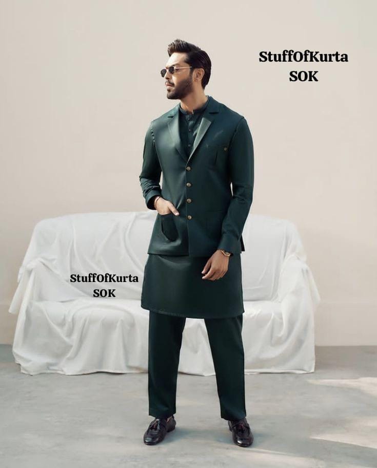 Men's Emerald Green Kurta Pajama Set: Blazer Style Wedding Outfit - Etsy